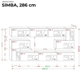 Ral Obývací stěna SIMBA 12, 286 cm - Bílo/černý lesk