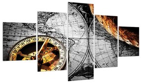Historický obraz mapy světa a kompasu (125x70 cm)
