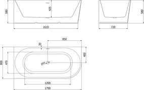 Mexen Silo, rohová volně stojící rýhovaná vana, levá, 170 x 80 cm, bílá-šedá, zlatý matný přepad, 52891708062L-55