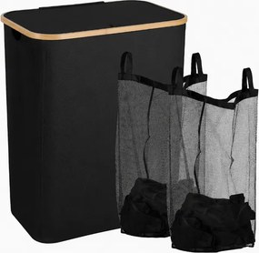 koš na prádlo, objem 145 l, s víkem, pano/bambus, 78x64x43 cm, černá/přírodní, Dekorino KP20260009