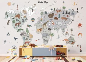 Dětská fototapeta na míru Šedá Kreslená Mapa Se Zvířaty | Vliesová fototapeta na zed' | DFTD5P 352449