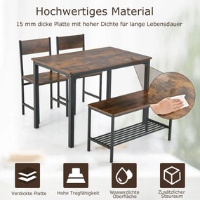 Costway 4-dílná sada jídelního stolu kuchyňský stůl s 2 židlemi a 1 lavicí