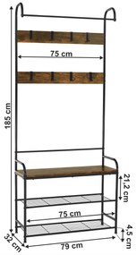 Kondela Věšák s botníkem, černý kov/MDFrustikální dřevo, KELAM