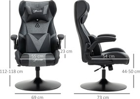 Ergonomická herní židle Vinsetto s nastavitelnou výškou, kulatou základnou, sklápěcími opěrkami, podhlavníkem a bederními polštáři, PU šedá černá