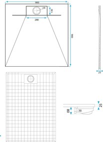 Rea Bazalt, sprchová vanička 90x90x2, 5 cm + nízký sifon, šedá, REA-K4105