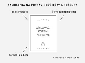 GRILOVACÍ KOŘENÍ NEPÁLIVÉ - omyvatelná samolepka na kořenky, výběr rozměrů Ø 5 cm / 5 x 5 cm / 6 x 8 cm | DomaLEP tvar: OBDÉLNÍK, barva: BÍLÁ - ČERNÉ písmo, velikost: š. 6 cm x v. 8 cm – základní písmo
