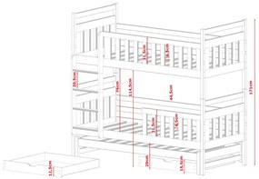 Dětská patrová postel z masivu borovice KLÁRA s přistýlkou a šuplíky - 200x90 cm - BÍLÁ