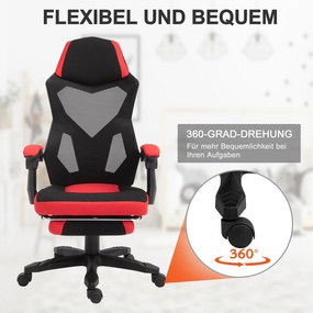 Herní židle Vinsetto Ergonomická kancelářská židle s výškově nastavitelnou podnožkou polyester černá červená 58 x 72 x 112-122 cm pro kancelář a hran…