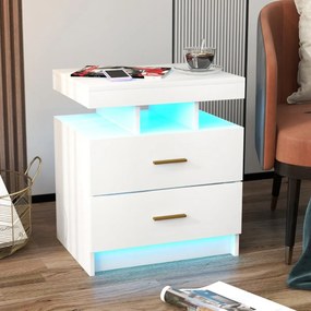 Costway Noční stolek s LED osvětlením s 2 zásuvkami – 50 × 40 × 58 cm, bílý