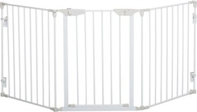 PawHut Dveřní ochranná brána pro psy 3 prvky včetně bezpečnostních dveří, montáž na zeď pro krb a troubu, bílý kov 180 x 3 x 74,5 cm | Aosom