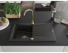 Mexen Cesar, granitový dřez 775x470x190 mm, 1-komorový, černá-zlatá metalíza se zlatým sifonem, 6514771010-75-G