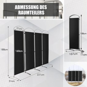 Costway Folding 4 Panel Room Diferd pro Home – 221 × 51 × 188 cm, černý