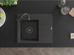 Mexen Ben, 1-komorový granitový dřez 600x500x190 mm, levý + černý sifon, černá skvrnitá, 6522605000-76-B