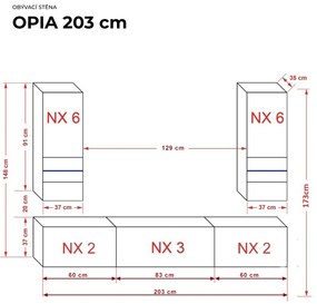 Ral Obývací stěna OPIA 2, 203 cm - Černý lesk