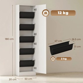 HOMCOM úzký úsporný botník s celozrcadlem, 5 textilních polic, otočné tlumené dveře, pojme 12 párů, 50 x 20 x 180 cm, bílý
