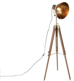 Průmyslová stojací lampa stativ bronz se dřevem - Mangoes
