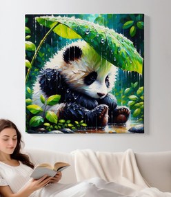 Obraz na plátně - Panda čeká, až přestane pršet FeelHappy.cz Velikost obrazu: 140 x 140 cm