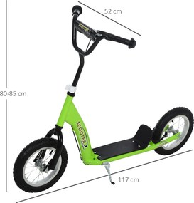 HOMCOM Koloběžka pro děti od 5 let - 2 nafukovací gumová kola, nastavitelná řídítka, brzdy, protiskluzový pedál 117x52x80-85 cm Zelená