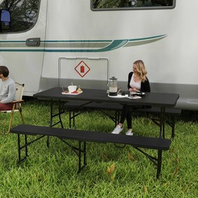 Piknikový stůl a lavice, 3dílná sada, skládací, plast, kov, černá barva