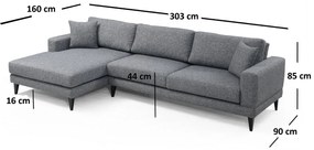 Designová rohová sedačka Santino 303 cm tmavě šedá - levá