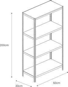 Bezšroubové kovové regál 200x60x30cm L profil, 4 police