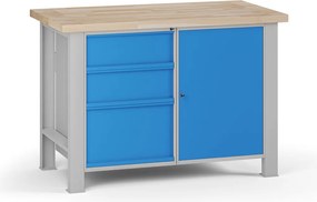 Dílenský pracovní stůl G7, buková spárovka, 1200 x 685 x 840 mm, 1x skříňka, 3 zásuvky, modrá
