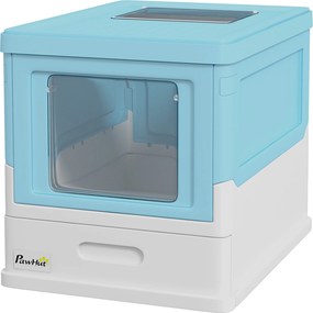 Skládací kočičí záchod PawHut s krytem, odnímatelným zásobníkem, dvířky s horním vstupem a lopatkou 47,5x35,5x36,7 cm Modrá a bílá | Aosom