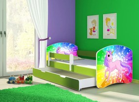 Dětská postel - Poník jednorožec duha 2 180x80 cm + šuplík zelená
