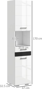 Kleankin sloupec pro úsporu místa do koupelny z MDF, koupelnová skříň s otevřenou policí, zásuvkou a uzavřenou skříňkou, 37x32,5x170 cm, leskle bílá