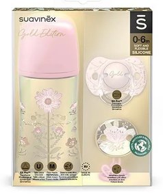 Suavinex Set láhev 270 ml +šidítko+klip Gold Růžová