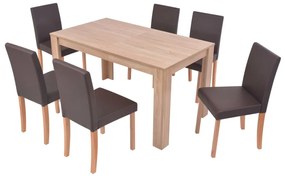 vidaXL 7dílná sada jídelního stolu a židlí, umělá kůže a dub, hnědá