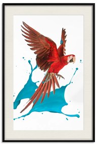 Plakát Papoušek ve vzduchu - barevný tropický pták a modré skvrny od malby
