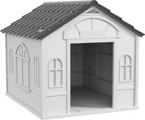 PawHut Psí Bouda Venku 84,2x98,2x82 cm Psí Bouda se vzorem oken a imitovanou střechou z tašek pro velké psy Šedá a bílá | Aosom