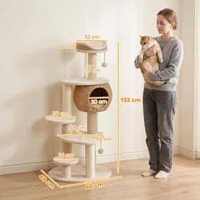 PawHut Velké škrabadlo 132 cm vysoké Kočičí strom s rákosovou jeskyní, škrabadly, postelí, 3 hračkovými míčky, ochrana proti převrhnutí, 1-2 kočky do…