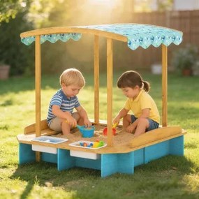 AIYAPLAY Dřevěné pískoviště se střechou, 3 lavice, 2 PP boxy, podklad pro děti 3-6 let, 128x118x121 cm, modrá