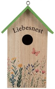 Přírodní dřevěná budka pro ptáčky se zelenou střechou a květy – 16x12x22 cm