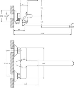 Bruckner, BARON nástěnná umyvadlová/vanová, rozteč 150mm, hubice 338mm, chrom, 612.025.1