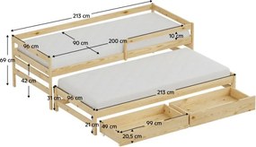 Postel s přistýlkou a úložným prostorem, 90x200, přírodní, ELARA Kondela 0000412691