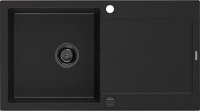 Mexen Leo granitový dřez s 1 komorou a odkapávačem 900 x 500 mm, černý, černý sifon - 6501901010-77-B