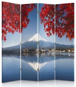 Ozdobný paraván Japonská sopka hora Fudži červená - 145x170 cm, čtyřdílný, obustranný paraván 360°