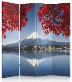 Ozdobný paraván Japonská sopka hora Fudži červená - 145x170 cm, čtyřdílný, klasický paraván