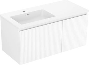 Mexen Rivel, koupelnová skříňka 100 cm s levým umyvadlem Otis, 1S, 1D, drážkovaná, bílá matná, 91A23-10047-3-BBFF01-W18L01