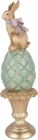 Hnědo-modrá antik dekorace králík na vajíčku na podstavci - Ø 8*29 cm