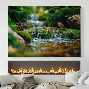 Obraz na plátně - Mechový vodopád s ptáčkem FeelHappy.cz Velikost obrazu: 120 x 80 cm
