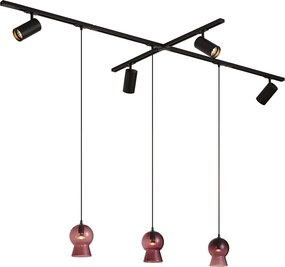 Moderní černý kolejnicový systém se 4 bodovými světly a 3 fialovými závěsnými svítidly 1-fázový - Iconic Bell Jeana Luxe