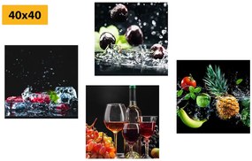 Set obrazů víno a kousky ovoce na černém pozadí
