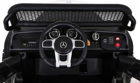 Ramiz Mercedes Benz Unimog elektrické autíčko pro děti bílé + pohon 4x4 + dálkové ovládání + nosič zavazadel + pomalý start + MP3 + LED