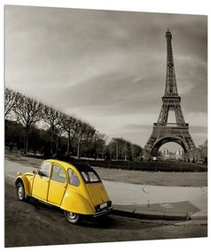 Obraz Eiffelovy věže a žlutého auta (30x30 cm)