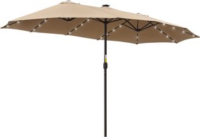 Outsunny Dvoukřídlý Zahradní Slunečník s 48 Solárními LED Světly 450x265x240 cm Slunečník s Kličkou na Terasu, Balkon, Koupaliště Khaki | Aosom