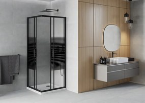 Mexen Rio, čtvercový sprchový kout s posuvnými dveřmi 70 (dveře) x 70 (dveře) x 190 cm, 5mm čiré sklo s pásky, černý profil + bílá sprchová vanička SLIM, 860-070-070-70-20-4010B